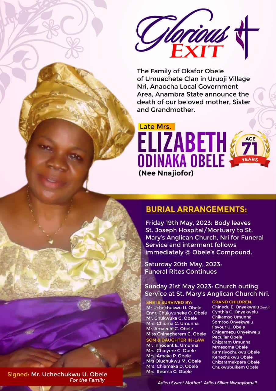Late Elizabeth Obele for burial May 19 in Nri